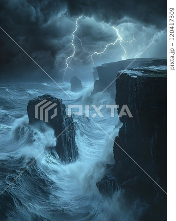 Turbulent Ocean Waves Crashing Against Dramatic...のイラスト素材 [120417309] - PIXTA