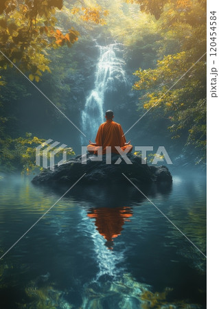 Meditating monk by tranquil waterfall reflects...のイラスト素材 [120454584 ...