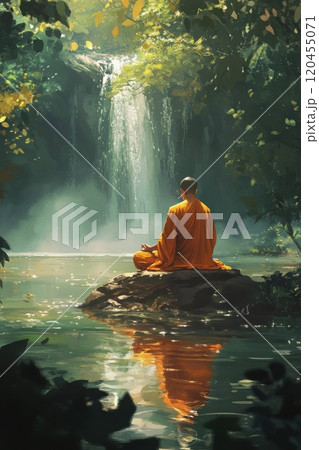 Meditating monk by tranquil waterfall reflects...のイラスト素材 [120455071 ...