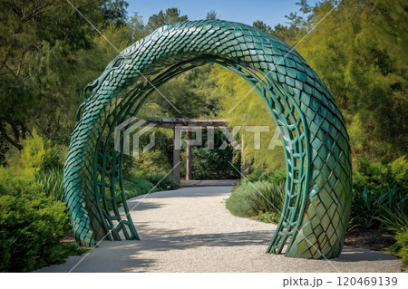 Green wooden snake gate arch welcomes visitors...のイラスト素材 [120469139 ...