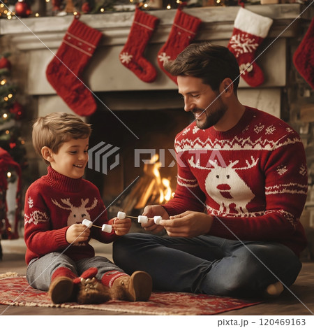 Father and son wearing matching sweaters are...のイラスト素材 [120469163] - PIXTA