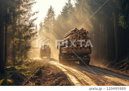 Logging trucks loaded with timber driving...のイラスト素材 [120495989] - PIXTA
