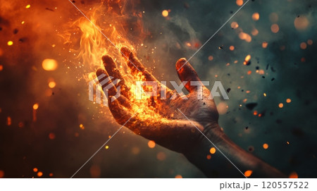 Open hand holding burning fire with sparks and...のイラスト素材 [120557522 ...