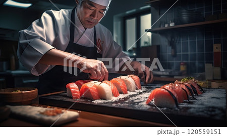 A male sushi chef prepares delicious rolls and...のイラスト素材 [120559151 ...