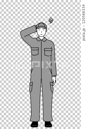 A mechanic in overalls scratches his head in... - Stock Illustration ...
