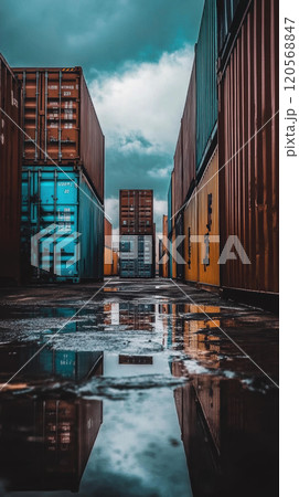 row of shipping containers reflects in puddles...のイラスト素材 [120568847 ...