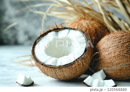 Fresh coconut with brown skin and white flesh,...のイラスト素材 [120568880 ...