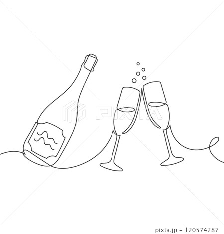 Continuous one line drawing of champagne bottle...のイラスト素材 [120574287 ...