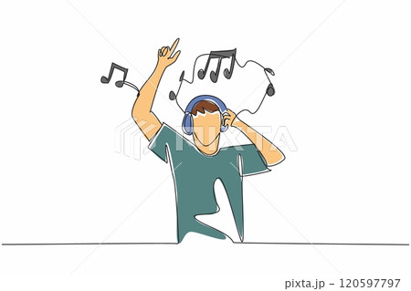 Single one line drawing man wearing headphones...のイラスト素材 [120597797 ...
