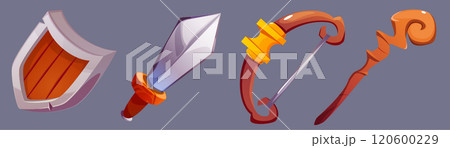 Cartoon Fantasy Weapons Shield Blade Bow Staff....のイラスト素材 [120600229 ...