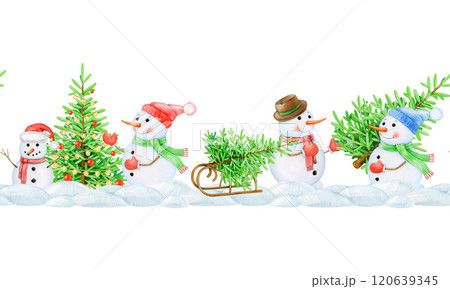 Cute funny snowmen with Christmas trees in...のイラスト素材 [120639345] - PIXTA