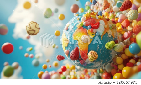 a vibrant Earth surrounded by colorful candies...のイラスト素材 [120657975 ...