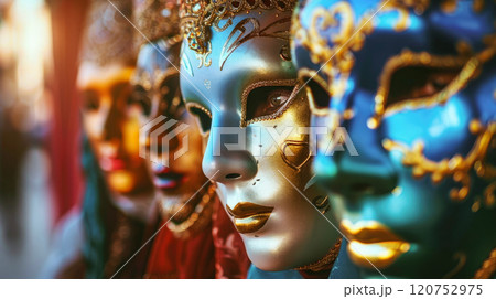Close-up view of actors wearing beautiful masks...のイラスト素材 [120752975 ...