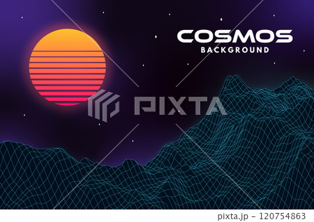 Cosmos background with sun, mountains in retro...のイラスト素材 [120754863 ...