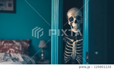 Skeleton peeking out of closet in bedroom,...のイラスト素材 [120801228] - PIXTA