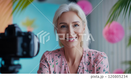 Mature Woman Filming Lifestyle Video for Social...のイラスト素材 [120805234 ...