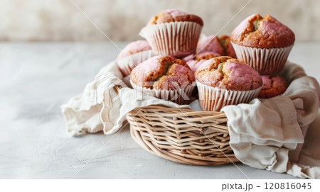 Freshly Baked Muffins in Wicker Basket on...のイラスト素材 [120816045] - PIXTA