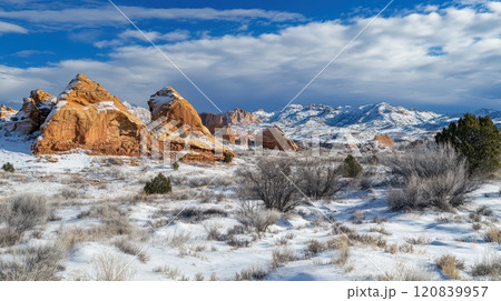 Winter landscape with snow and red rock formationsのイラスト素材 [120839957 ...