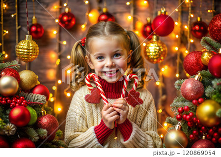 Happy little smiling girl with candy canes near...のイラスト素材 [120869054 ...