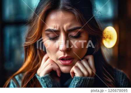 Tonsillitis and angina concept. Sick woman with...のイラスト素材 [120878095 ...