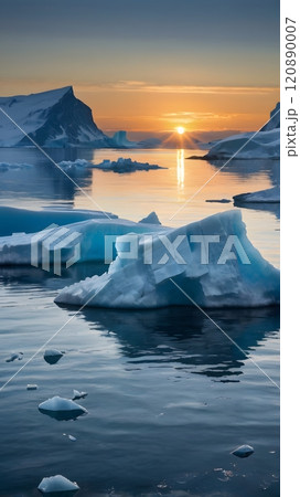 Serene sunset over icy waters reveals floating...のイラスト素材 [120890007 ...