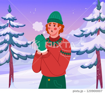 Winter nature. Man shivering in snowy forest....のイラスト素材 [120900007] - PIXTA