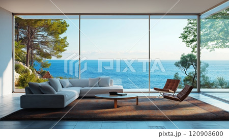 Interior with large window sea viewのイラスト素材 [120908600] - PIXTA