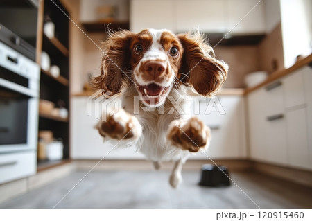 Exciting dog leap in a modern kitchen...のイラスト素材 [120915460] - PIXTA