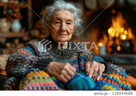 Grandmother knitting colorful socks for her...のイラスト素材 [120934686] - PIXTA