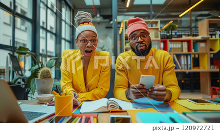 Surprised creative coworkers in vibrant office...のイラスト素材 [120972721 ...