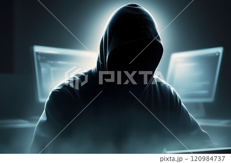 shadowy hacker image with eerie computer screen...のイラスト素材 [120984737 ...