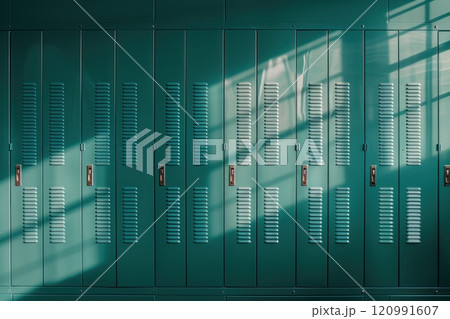 A row of teal school lockers with sunlight...のイラスト素材 [120991607] - PIXTA