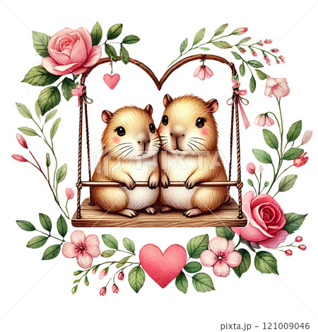 Cute illustration of two hamsters on a swing...のイラスト素材 [121009046] - PIXTA