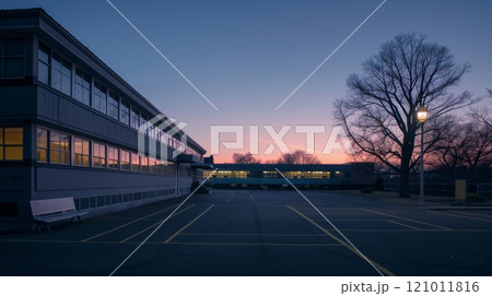 A quiet twilight school, lights off, symbolizes...のイラスト素材 [121011816 ...