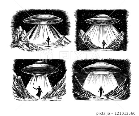 Engraving alien saucer stealing man. Ufo ray...のイラスト素材 [121012360] - PIXTA