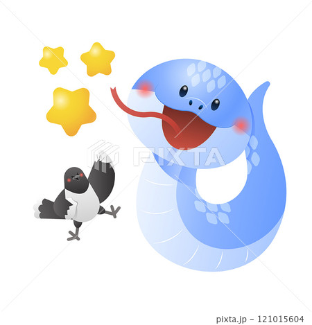 Cute excited snake and magpie charactersのイラスト素材 [121015604] - PIXTA