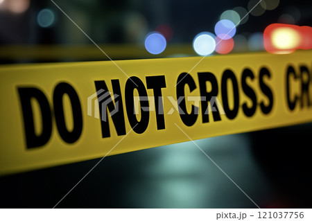 Yellow Do Not Cross tape with blurred lights in...のイラスト素材 [121037756 ...