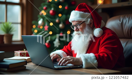santa clause working on laptop against festive...のイラスト素材 [121057482 ...