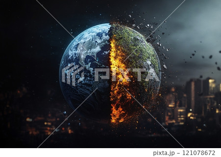 A visual of Earth split into a thriving half...のイラスト素材 [121078672] - PIXTA