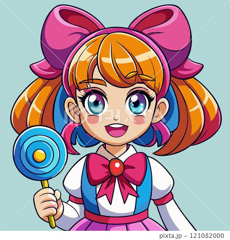 Girl handing candy. Kid with lollypop. Cartoon...のイラスト素材 [121082000 ...