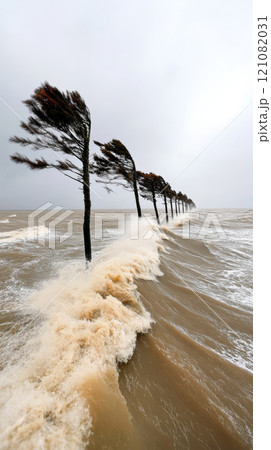Trees bending in strong winds over turbulent...のイラスト素材 [121082031] - PIXTA