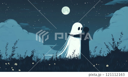 Person hugging ghost under moonlight in a fieldのイラスト素材 [121112163] - PIXTA