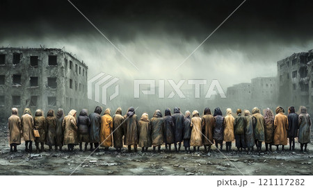Crowd of people standing in a post apocalyptic...のイラスト素材 [121117282 ...