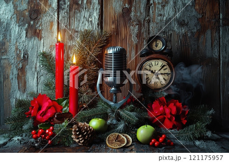 Vintage Christmas Decor featuring a microphone...のイラスト素材 [121175957 ...