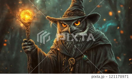 A wizard owl is holding a staff and wearing a...のイラスト素材 [121178971] - PIXTA