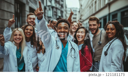A group of young doctors cheering with their...のイラスト素材 [121181173] - PIXTA