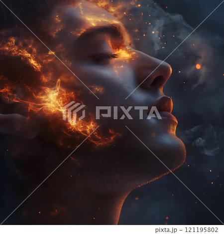 Closeup of a persons face with fire emerging...のイラスト素材 [121195802] - PIXTA