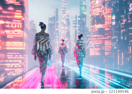 Models in striking costumes walk a high-tech...のイラスト素材 [121199546] - PIXTA