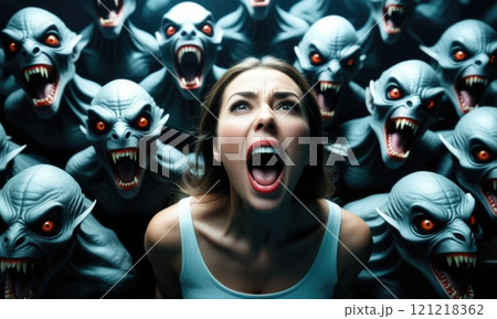 Woman screaming in a mix of fear and power...のイラスト素材 [121218362] - PIXTA