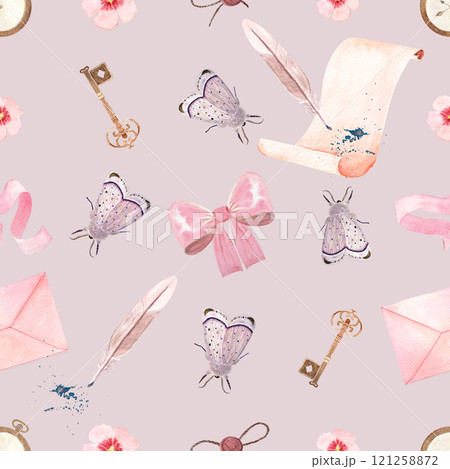 Moth, antique key, a parchment, a quill and an...のイラスト素材 [121258872 ...